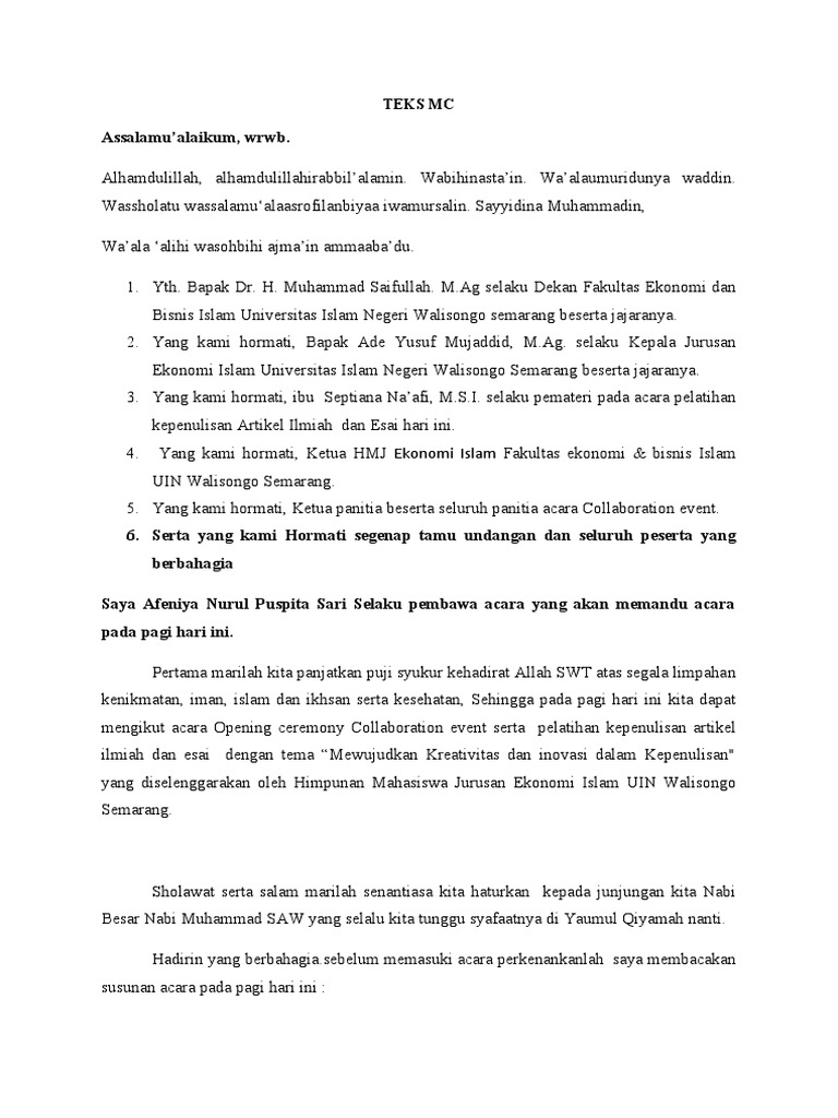 Teks MC Pelatihan Kepenulisan | PDF