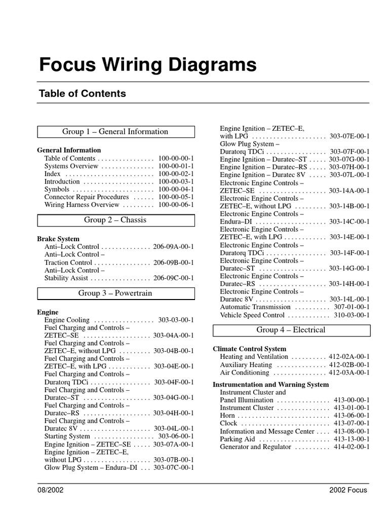 Ford Focus Wiring Diagrams Table of Contents | PDF | Lighting | Components