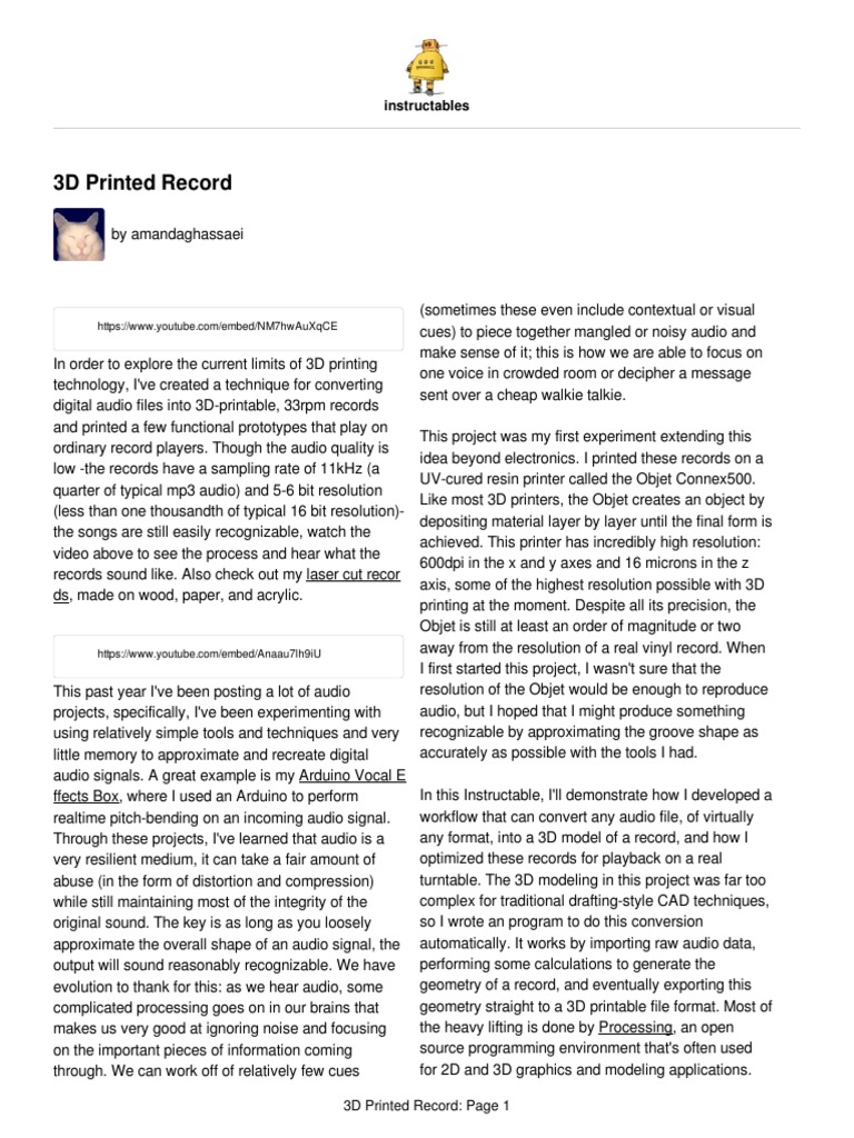 3D Printed Record | PDF | Phonograph | 3 D Printing