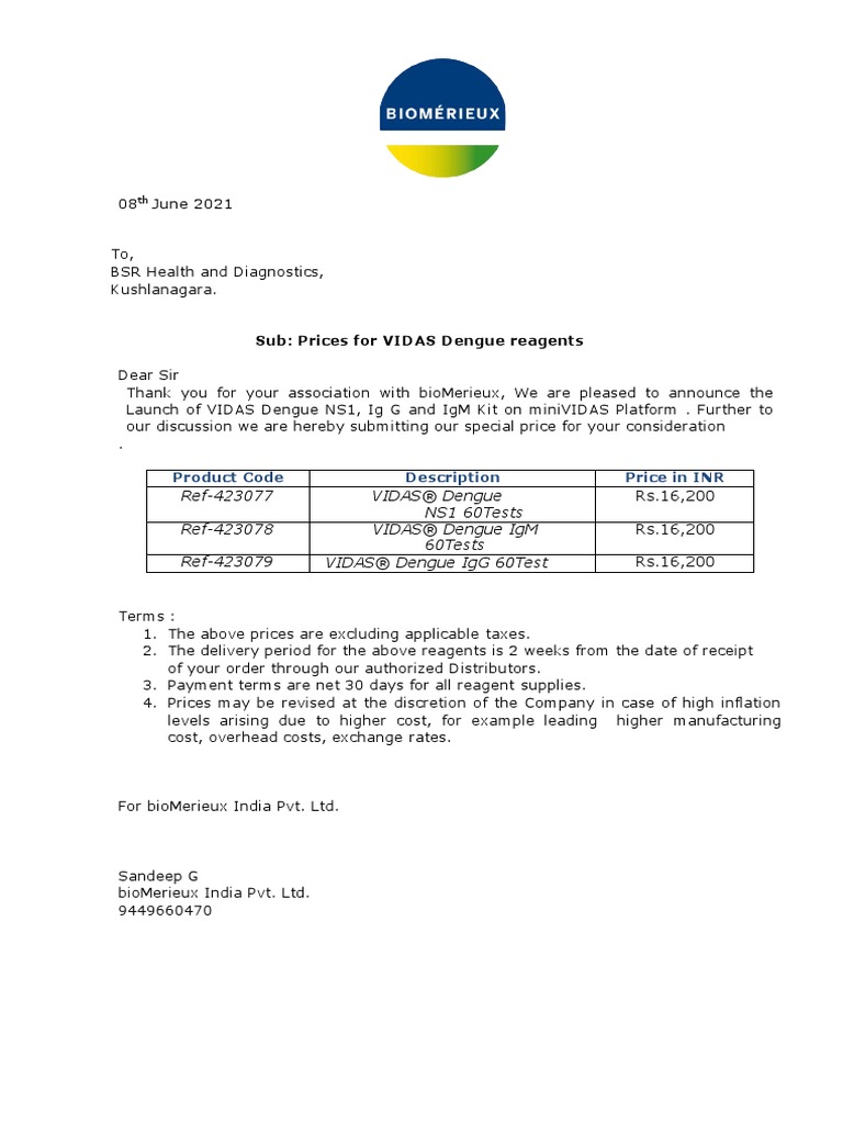 Price Quote for VIDAS Dengue Reagent Kits | PDF