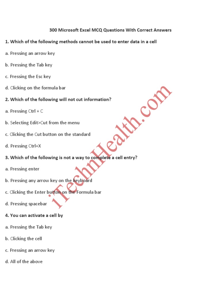 300 Microsoft Excel MCQ Questions With Correct Answers | PDF | Microsoft Excel | Worksheet
