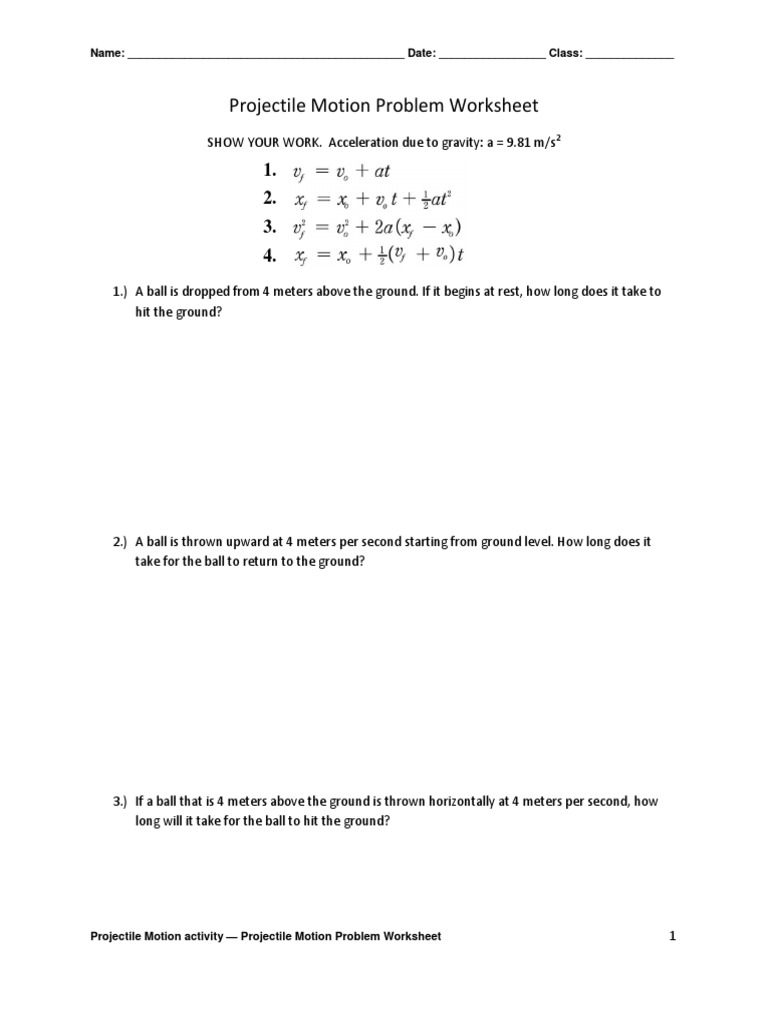 Projectile Motion Problem Worksheet | PDF