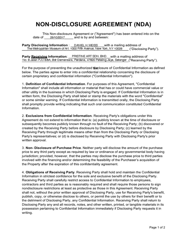Non-Disclosure Agreement Sample | PDF | Non Disclosure Agreement ...