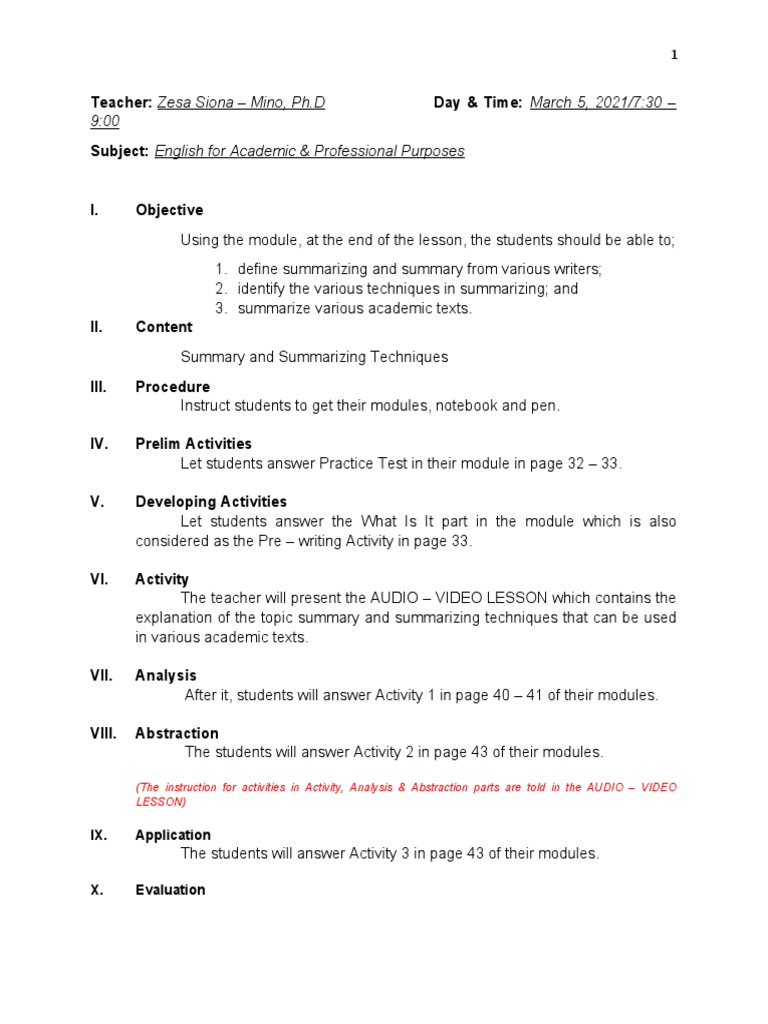 Academic Summarizing Techniques Lesson | PDF | Lesson Plan | Pedagogy