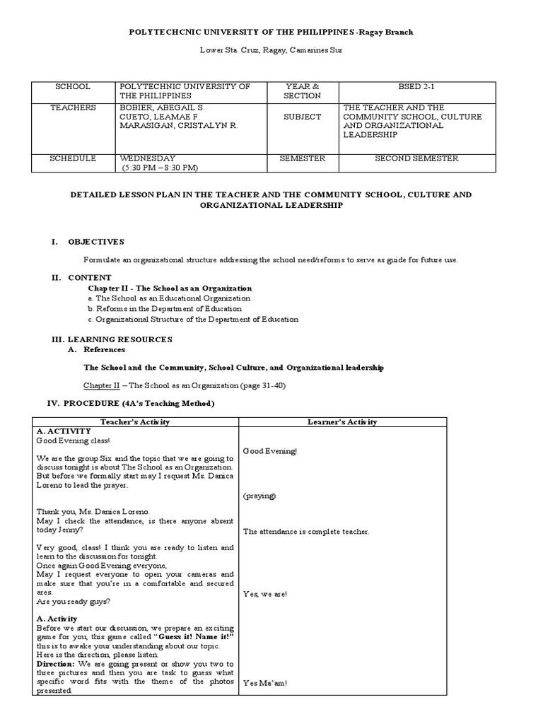 4a's Lesson Plan | PDF | Lesson Plan | Kindergarten