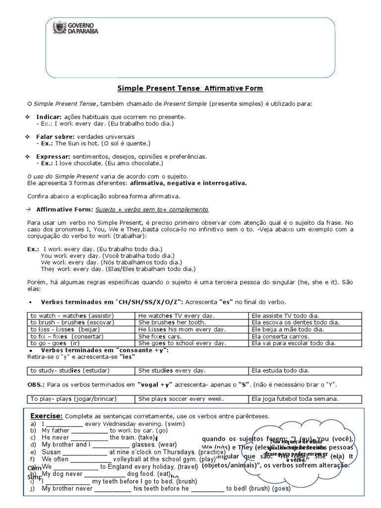 Ativiade 1º Ano Simple Present Tense | PDF | Assunto (gramática) | Mecânica da linguagem
