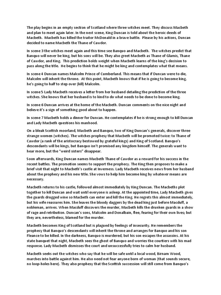 Macbeth Summary | PDF | Macbeth | Shakespearean Tragedies