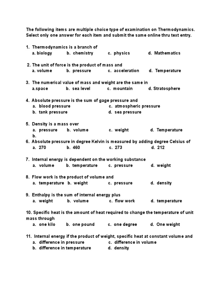 Thermodynamics Multiple Choice Quiz | PDF | Temperature | Pressure