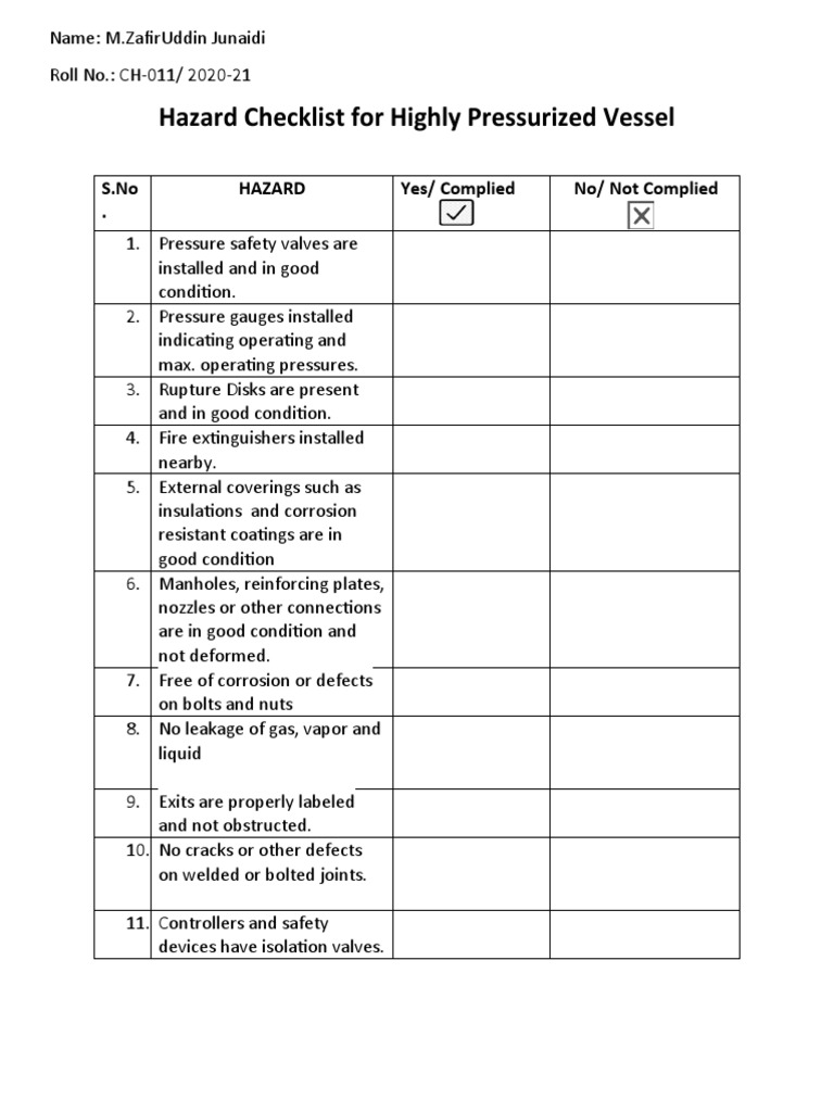 CH-011 Hazard Checklist For Highly Pressurized Vessel | PDF