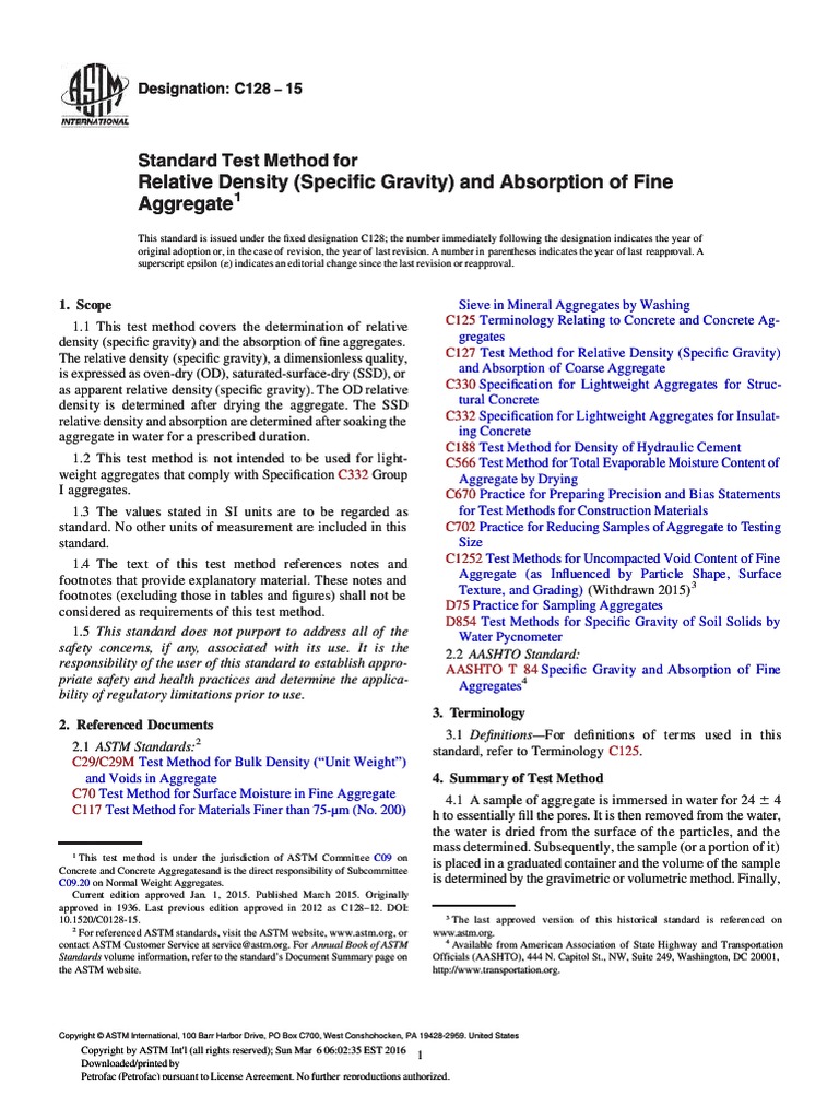 ASTM C128 - 15 Standard Test Method For Relative Density (Specific ...