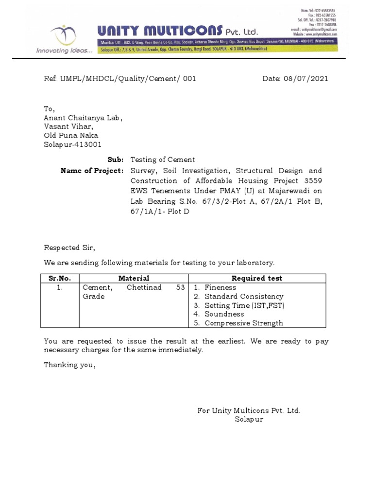 Sub: Testing of Cement Name of Project: Survey, Soil Investigation ...