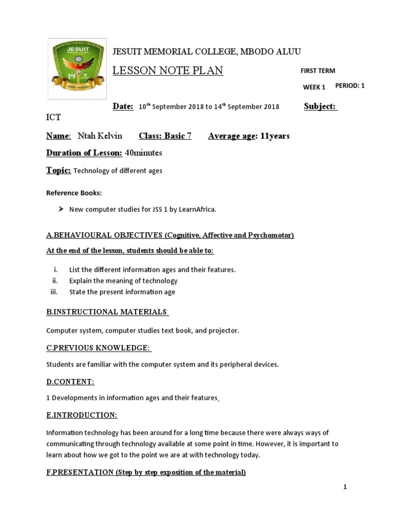 Week 1 Period 1 Lesson Note | PDF | Iron Age | Educational Technology