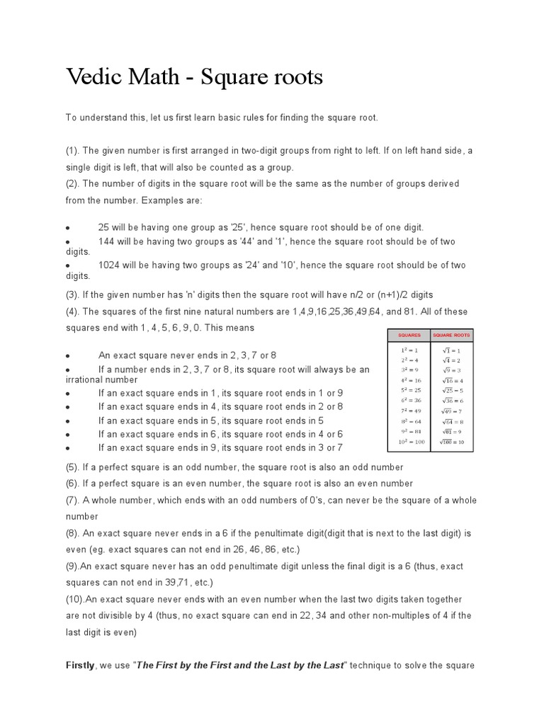 Vedic Math - Square Roots | PDF | Division (Mathematics) | Numbers
