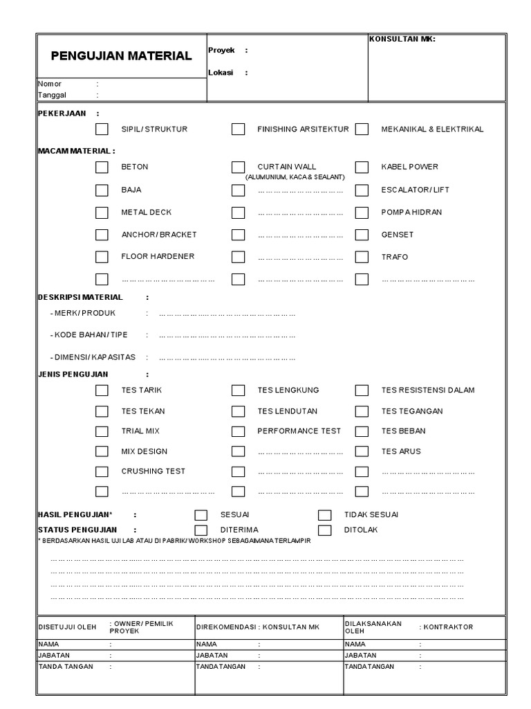 Form Pengujian Material | PDF | Teknologi & Rekayasa