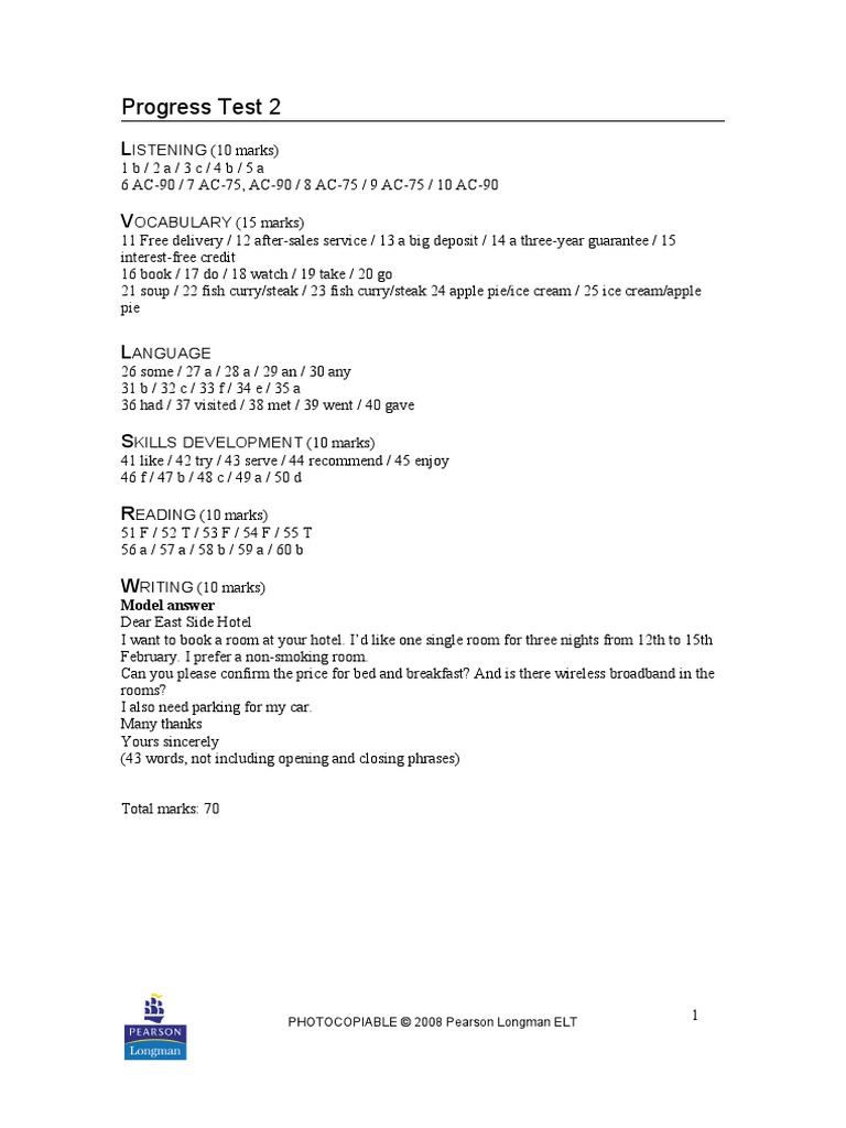 Progress Test 2 Key NML | PDF