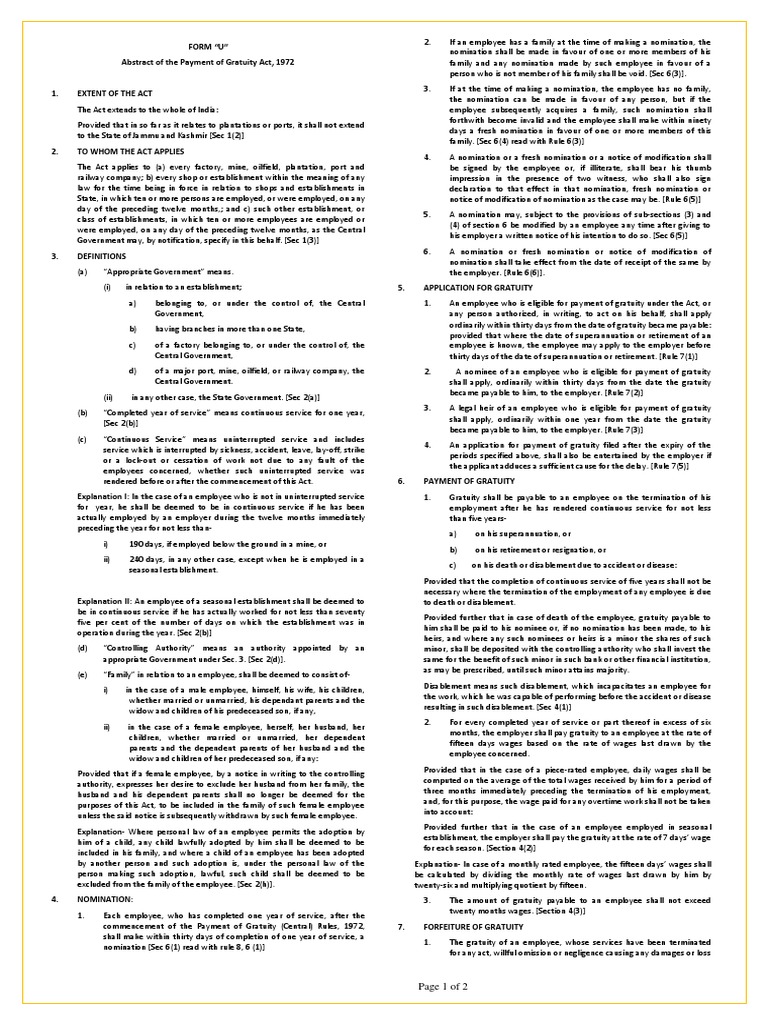 FORM U Abstract Under Payment of Gratuity Act 1972 | PDF | Employment ...