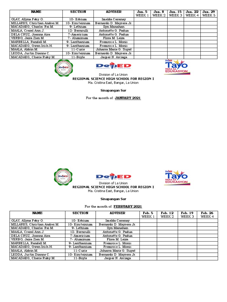 Name Section Adviser Jan. 5 Jan. 8 Jan. 15 Jan. 22 Jan. 29: Week 1 Week ...
