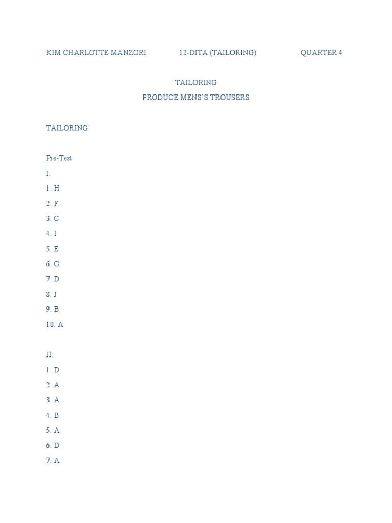 Tailoring Answer | PDF | Seam (Sewing) | Sewing