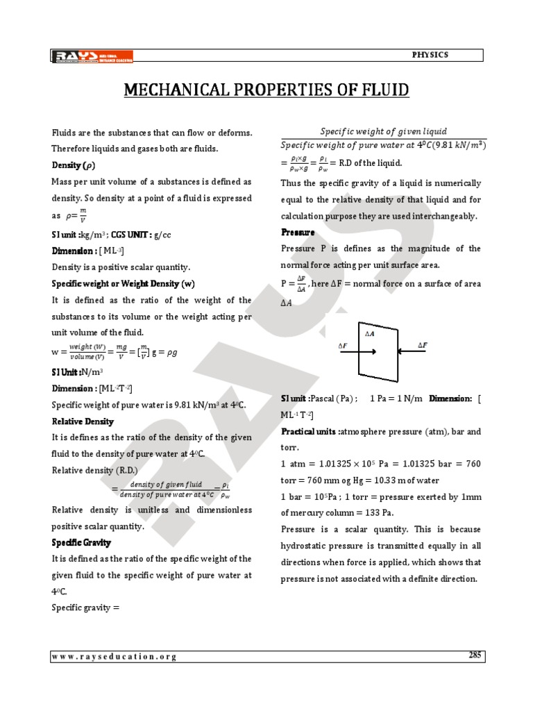 Mechanical Properties of Liquids | PDF | Buoyancy | Pressure