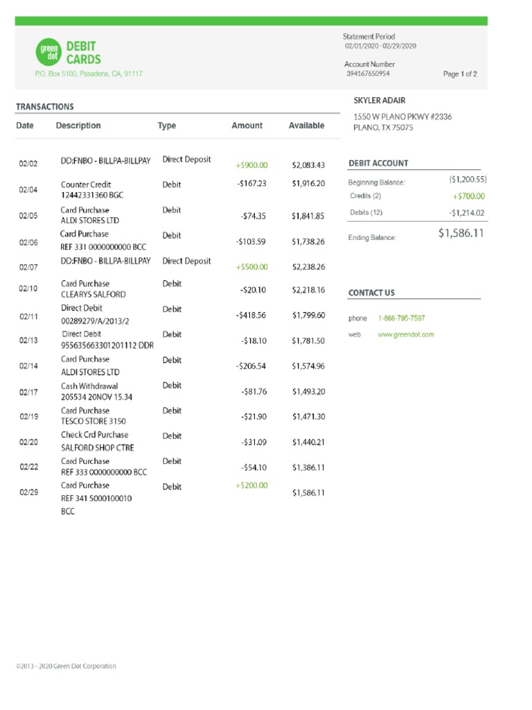 Greendot Bank Statement Feb 2020 SA | PDF
