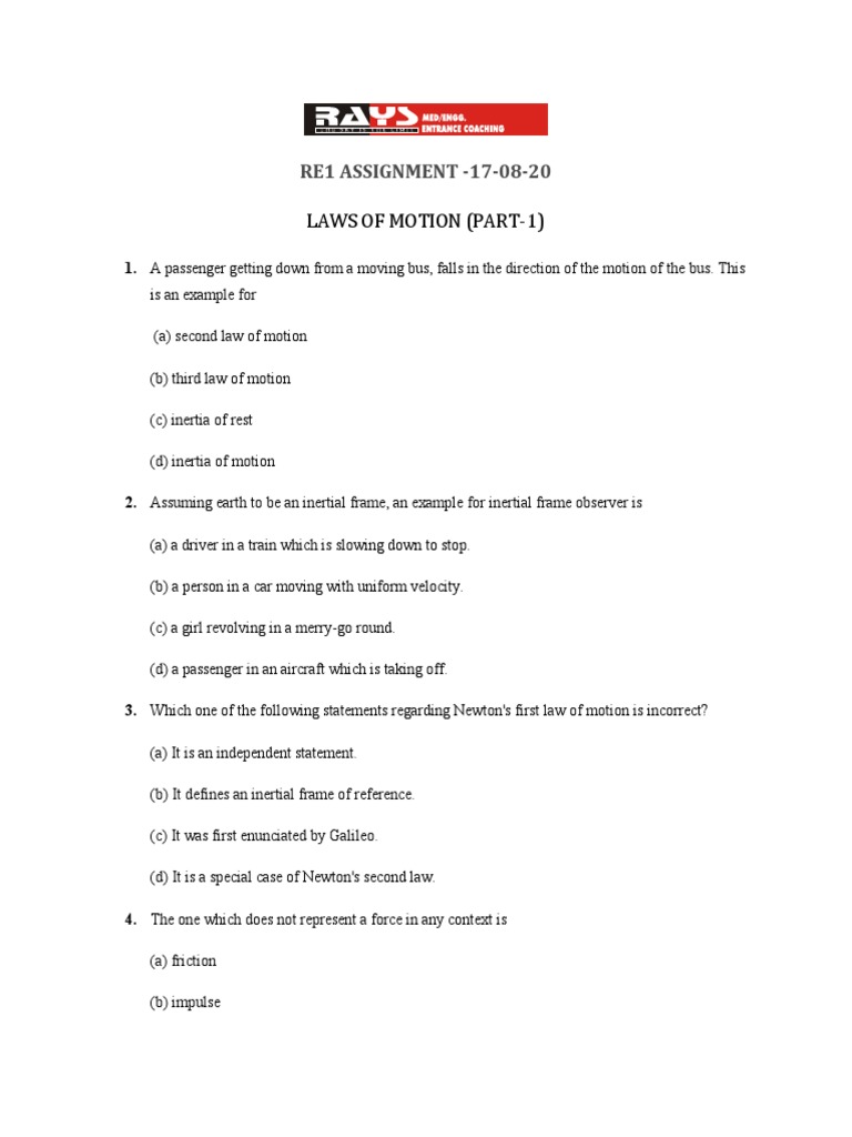 Laws of Motion Assignment Questions | PDF | Newton's Laws Of Motion ...