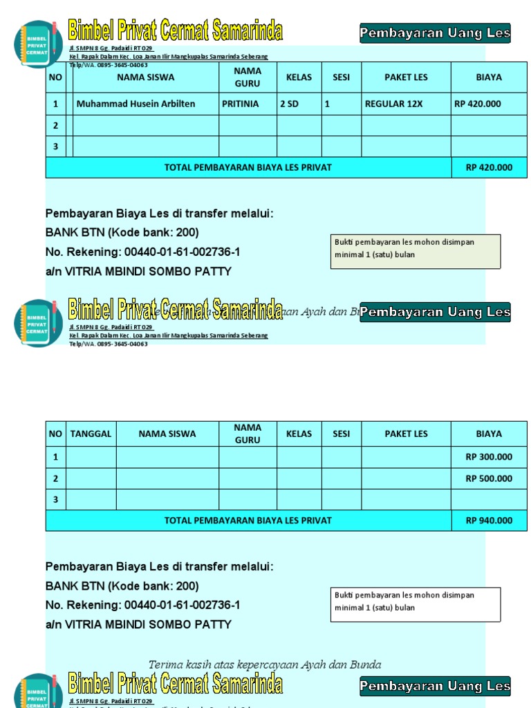 Tagihan Biaya Les Manual | PDF