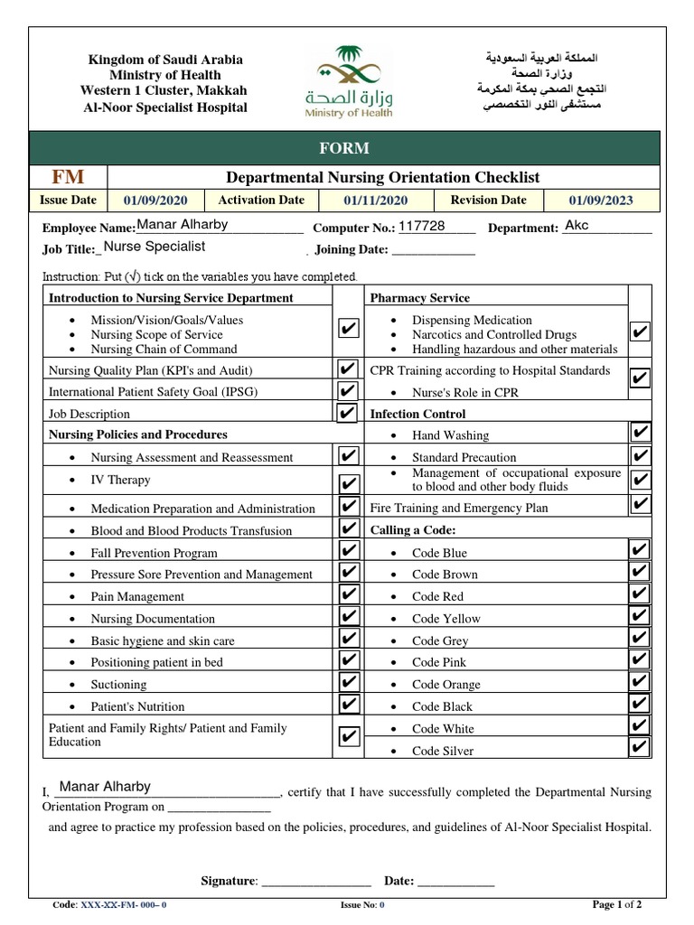 Departmental Nursing Orientation Checklist | PDF | Nursing | Health Care