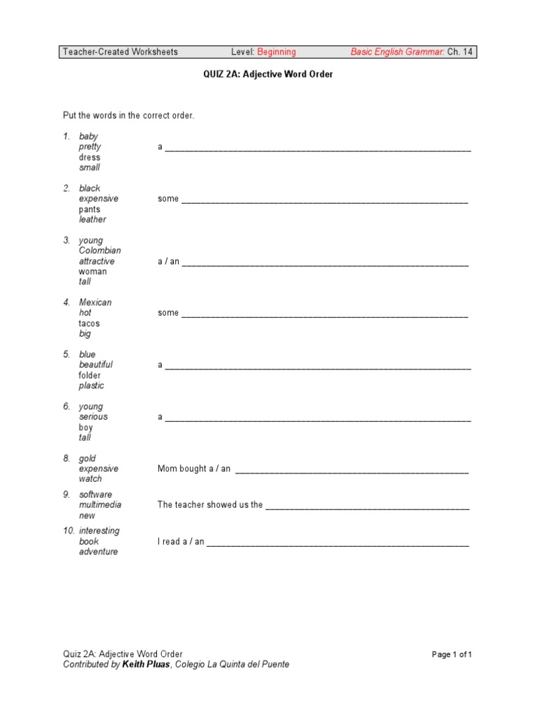 QUIZ 2A: Adjective Word Order: Beginning | PDF | Languages | Language ...