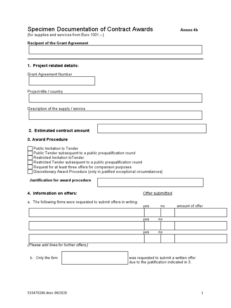 Contract Award Documentation Specimen | PDF