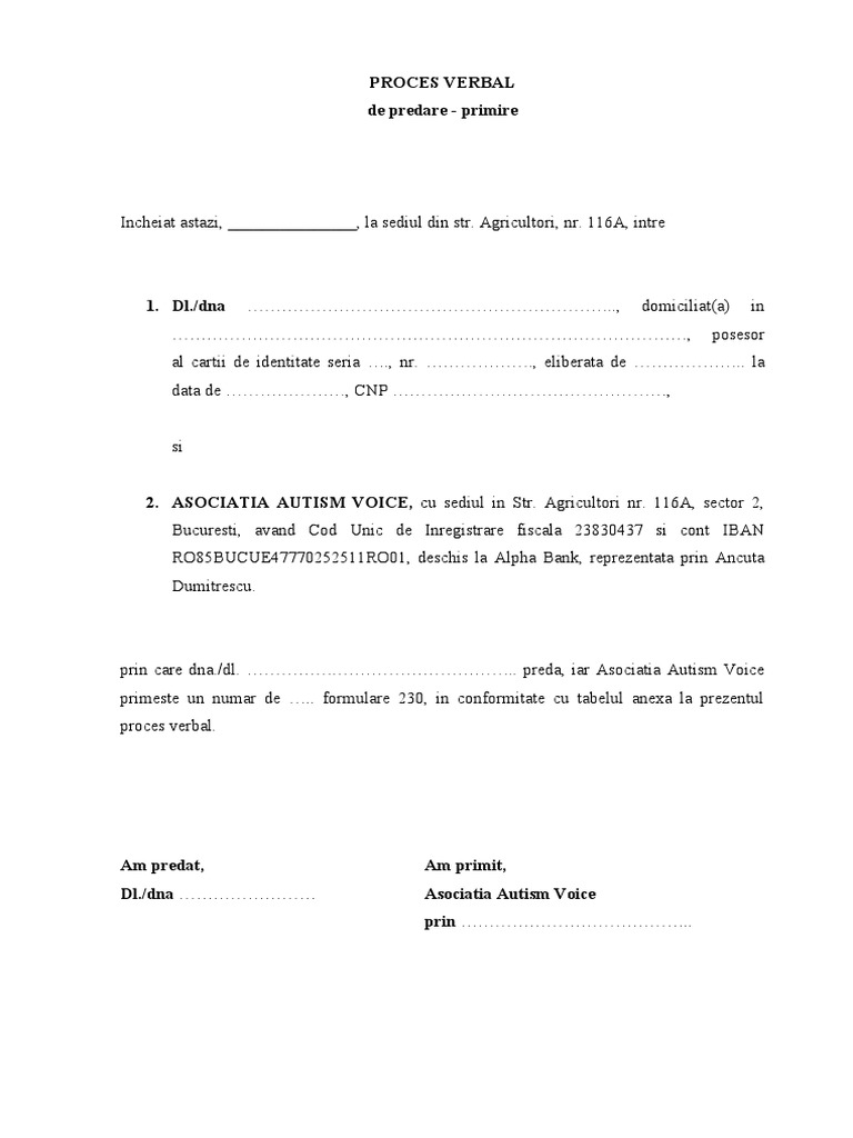 Proces Verbal de Predare Primire - Formulare 230 | PDF