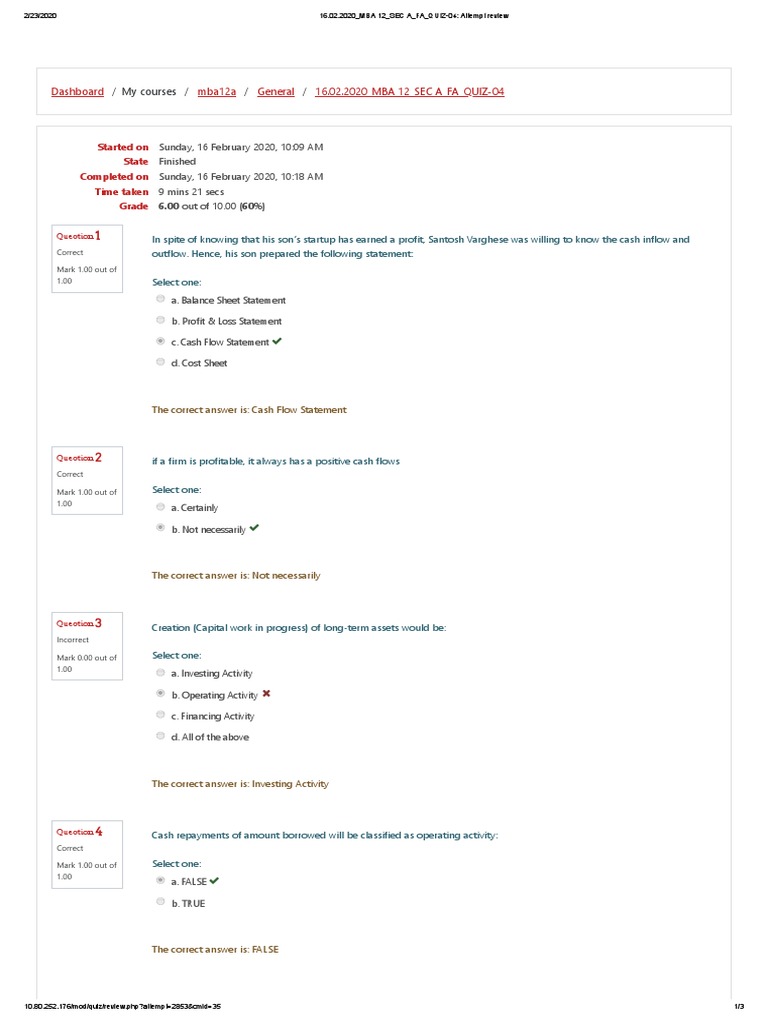 16.02.2020 - MBA 12 - SEC A - FA - QUIZ-04 - Attempt Review | PDF ...