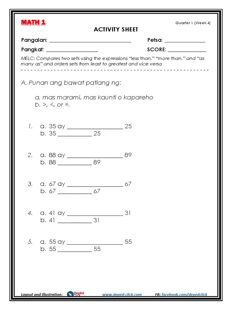 Grade 1 Math Activity Sheets Q1 Week 4 | PDF