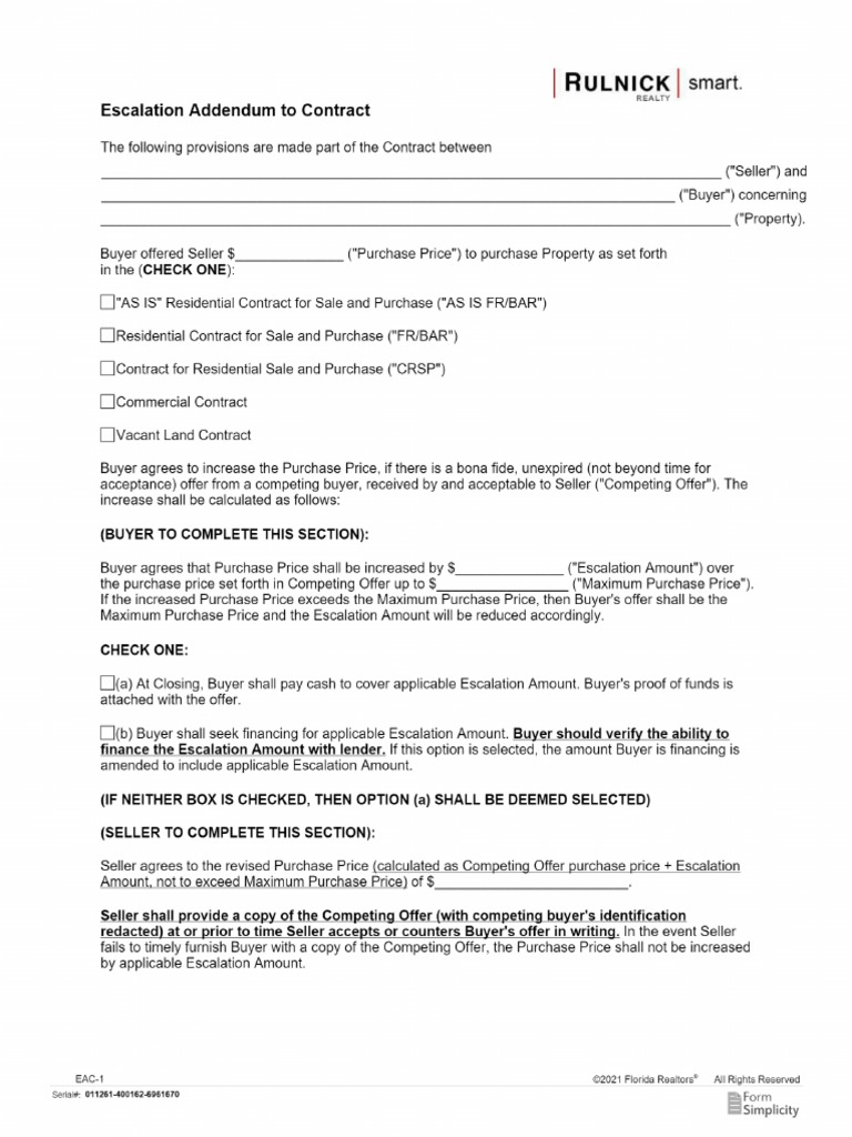 Escalation Addendum Florida Realtors | PDF