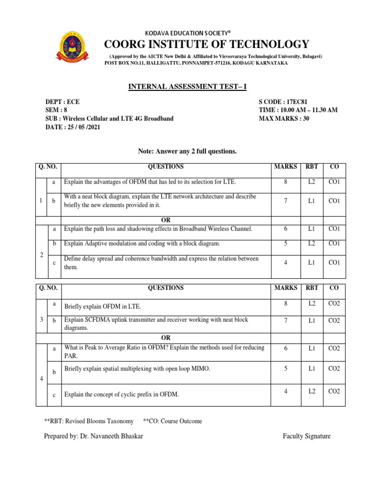 WC 1st Internal QP | PDF | Orthogonal Frequency Division Multiplexing | 4 G