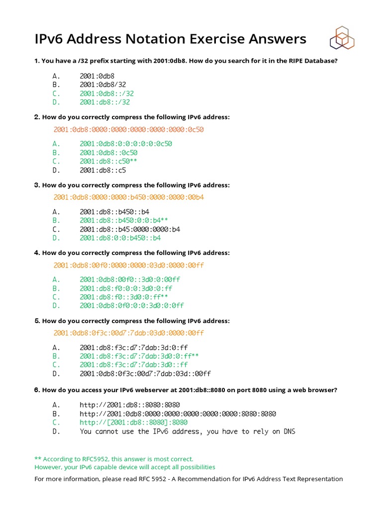 Ipv6 Address Notation Exercise Answers: 2001:0Db8:0000:0000:B450:0000: ...