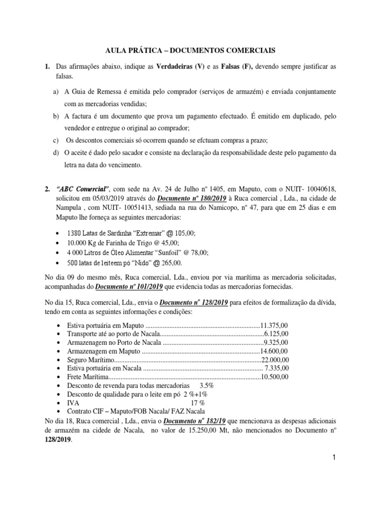 Aula Pratica - Documentos Comerciais | PDF | Business | Transporte