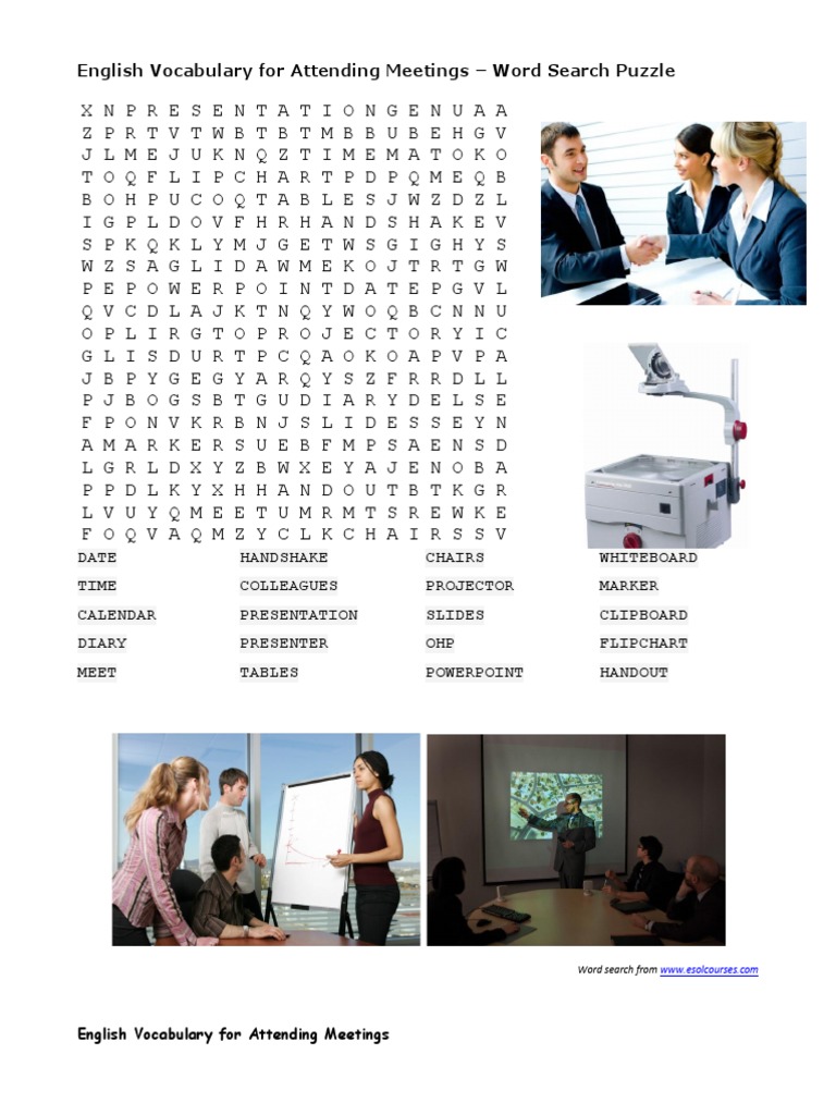 English Vocabulary for Attending Meetings Word Search Puzzle: Finding ...