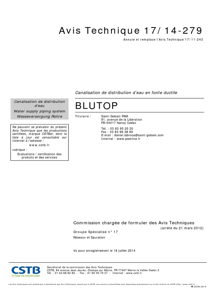 Canalisation d'eau en fonte ductile BLUTOP | PDF | Tuyau | Pression