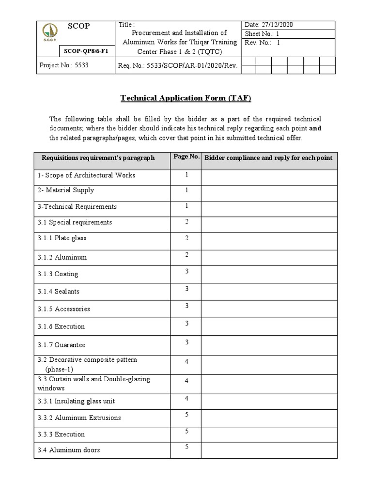 Technical Application Form (TAF) : Title: Date: 27/12/2020 Sheet No.: 1 ...