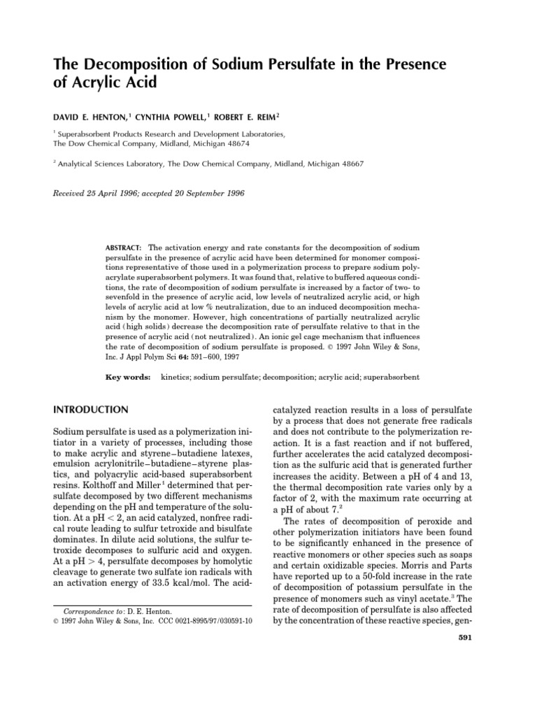 Sodium Persulfate Decomposition with Acrylic Acid | PDF | Ph | Chemical ...
