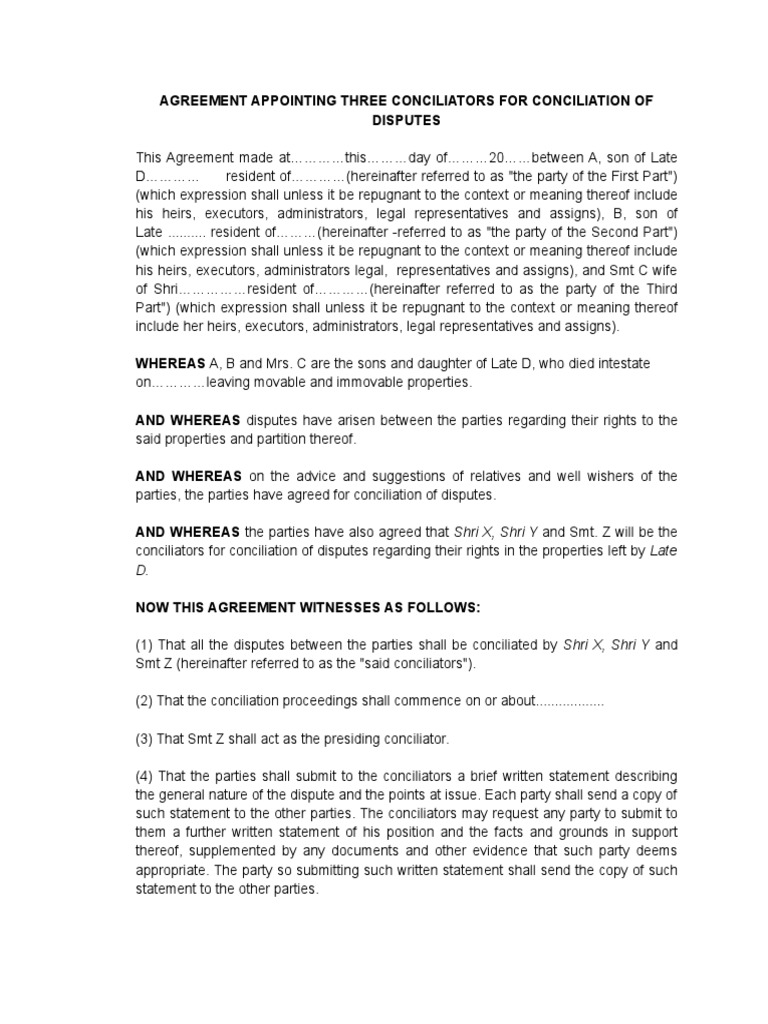 Agreement Appointing Three Conciliators For Conciliation of Disputes ...
