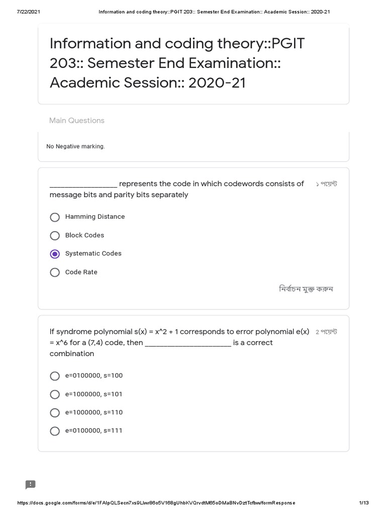 Information and Coding theory::PGIT 203:: Semester End Examination:: Academic Session:: 2020-21 ...