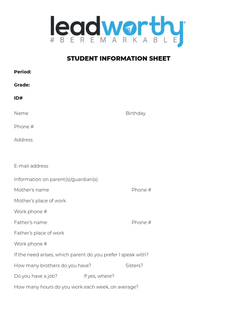 Student Information Sheet Template | PDF | Self-Improvement | Wellness