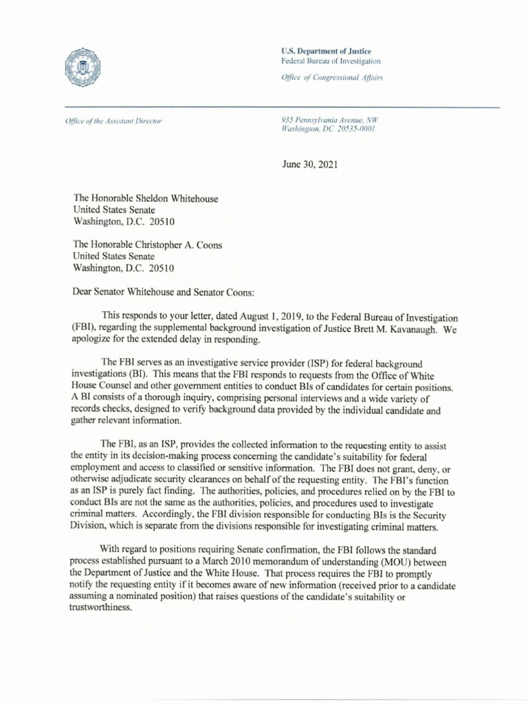 FBI Response To Sen Whitehouse Sen Coons | PDF | Federal Bureau Of ...