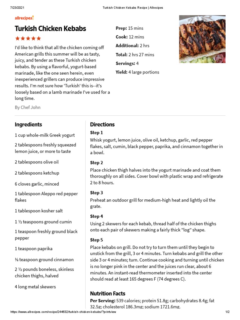 Easy Turkish Chicken Kebabs Recipe | PDF | Kebab | European Cuisine