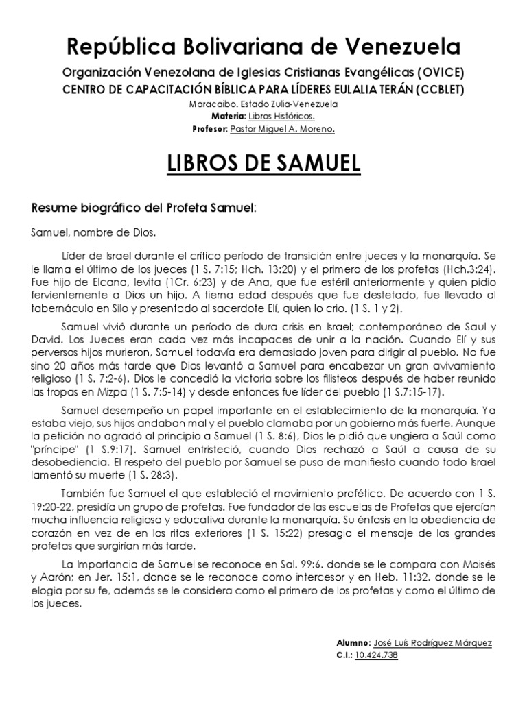 Resume Biográfico Del Profeta Samuel | PDF | Samuel | Saulo