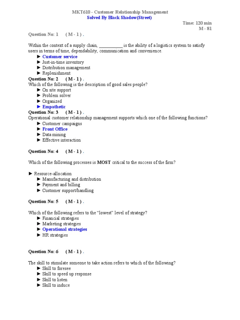 MCQ With Answers - CRM | PDF | Sales | Customer Relationship Management