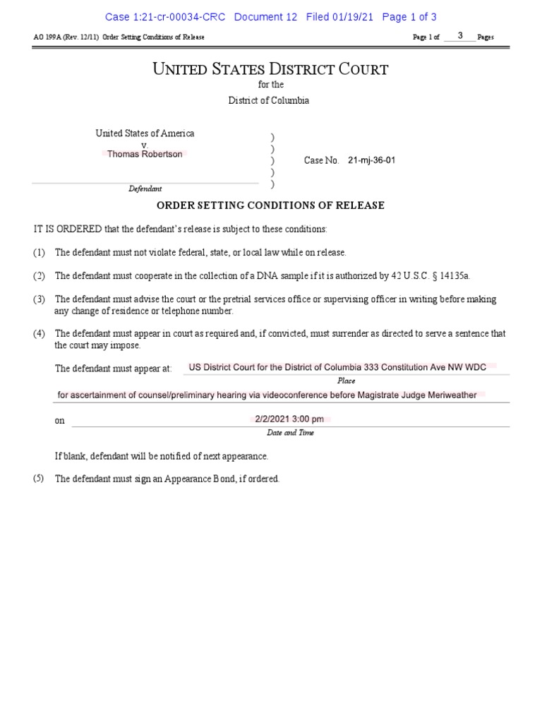 Defendant Thomas Robertson Conditions of Release Jan 19 2021 | PDF ...