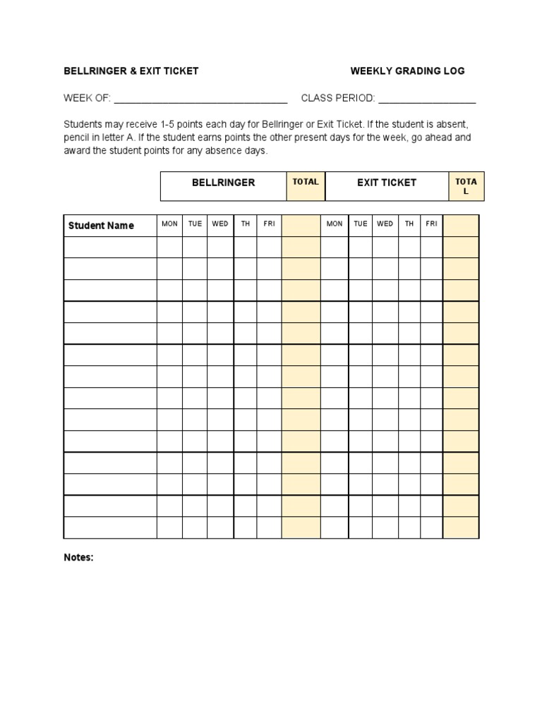 Bellringer & Exit Ticket Grading Log | PDF