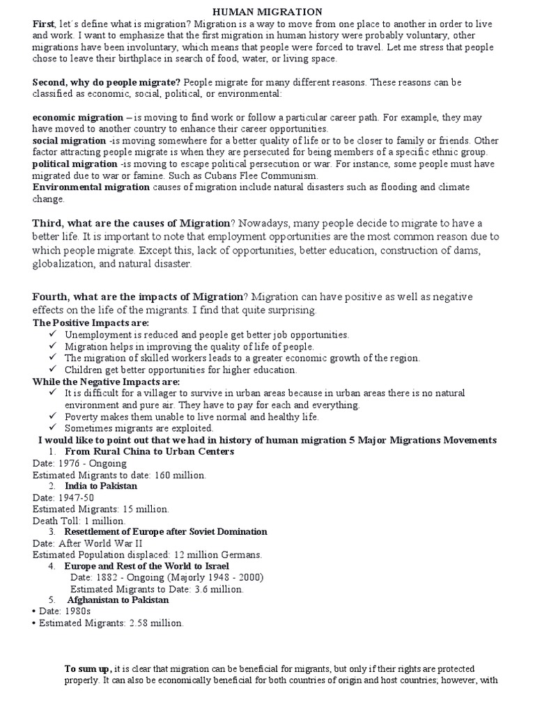 Third, What Are The Causes of Migration? Nowadays, Many People Decide ...